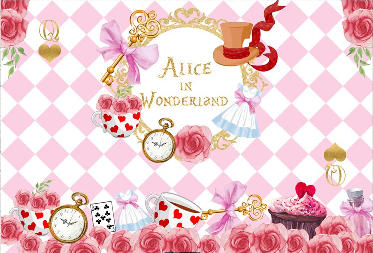 ALICE IN WONDERLAND RED PINK BIRTHDAY PARTY SUPPLIES BANNER BACKDROP D ...