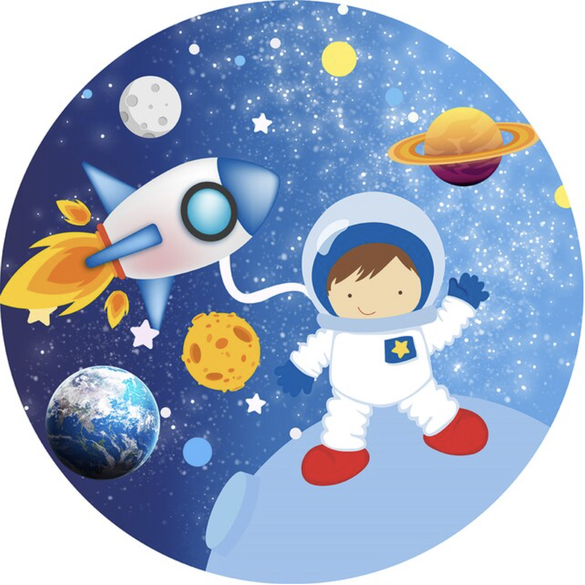 SPACE ASTRONAUT ROCKET MOON EARTH SATURN ASTEROID PARTY ROUND BIRTHDAY ...